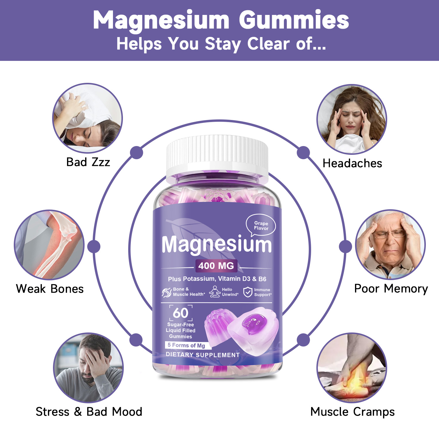 Ozmolts Magnesium Gummies Sleep Aid Gummy Magnesium Supplement Glycinate Supplements Grape 60pcs ...