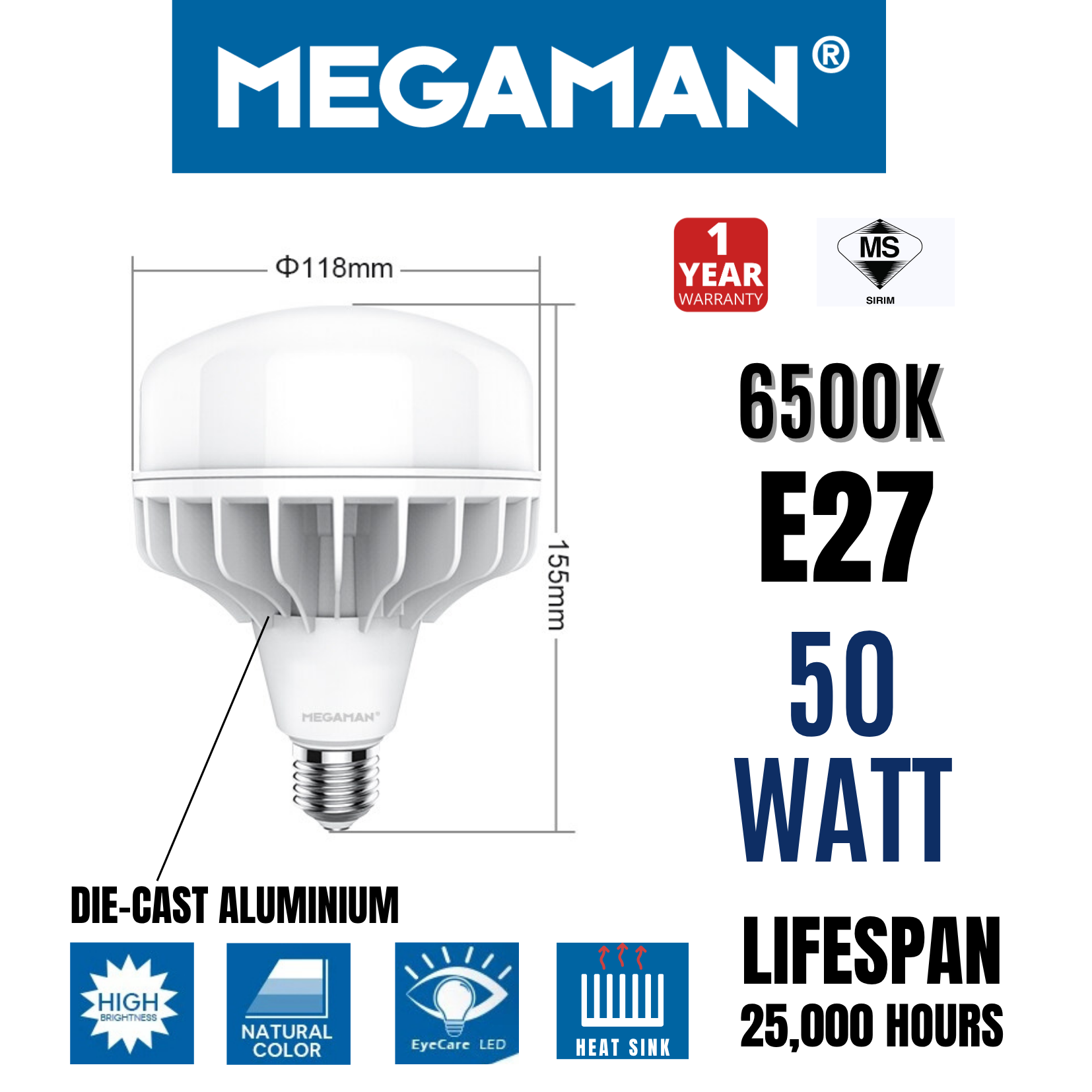 MEGAMAN LED BULB T-BULB 50W | 70W | 100W MENTOL HIGHBAY | E27 BULB ...