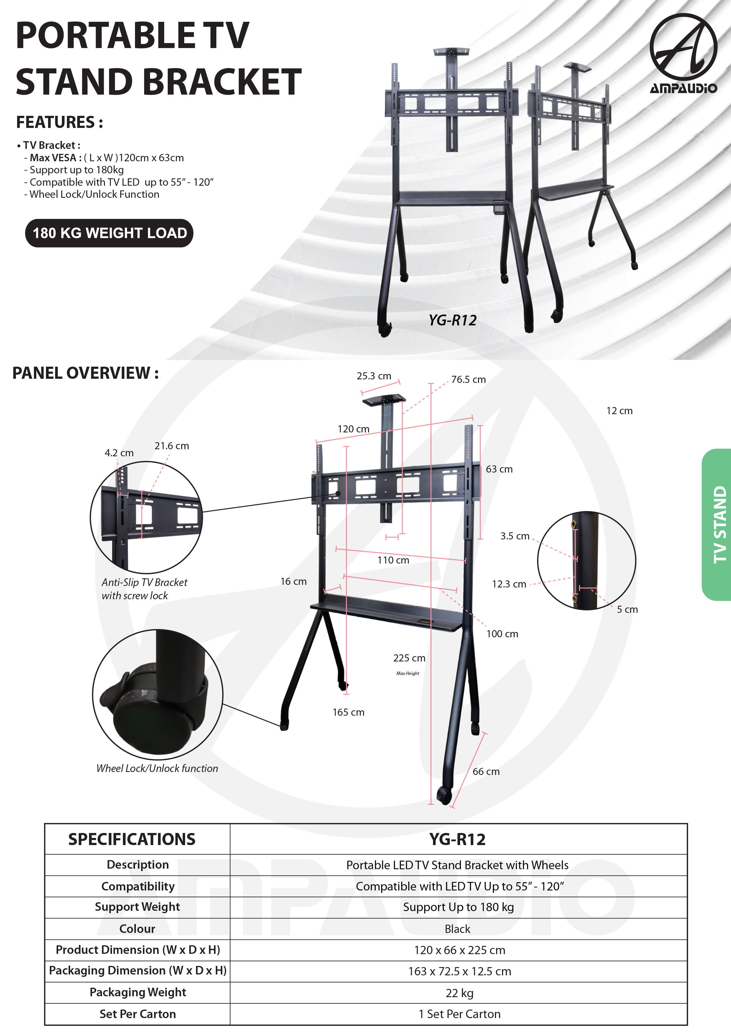 Portable Mobile TV Stand Trolley Bracket for 55"– 120" LCD LED Screen ...