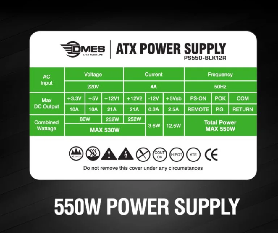 DMES PS550-BLK12R 550w Power Supply 12cm Fan with Power cable | Shopee ...