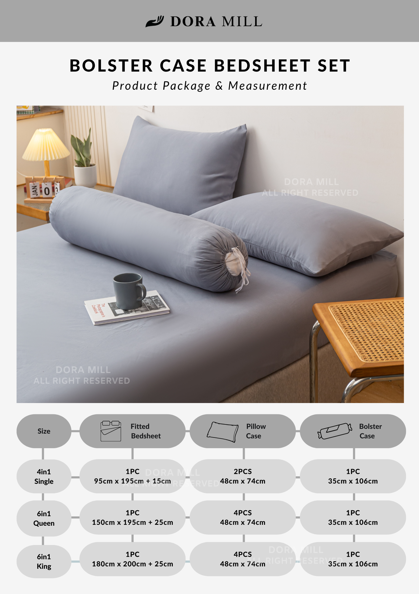 DORAMILL Muji Plain Series 4in1 Bolster Bedsheet Set Cadar Getah ...