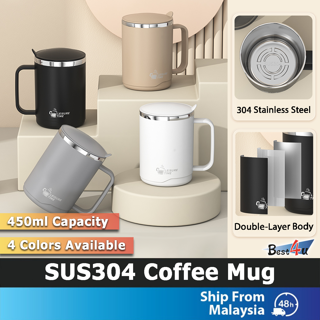 BEST4U 450ml Stainless Steel Coffee Mug with Lid & Handle | Cawan Kopi ...
