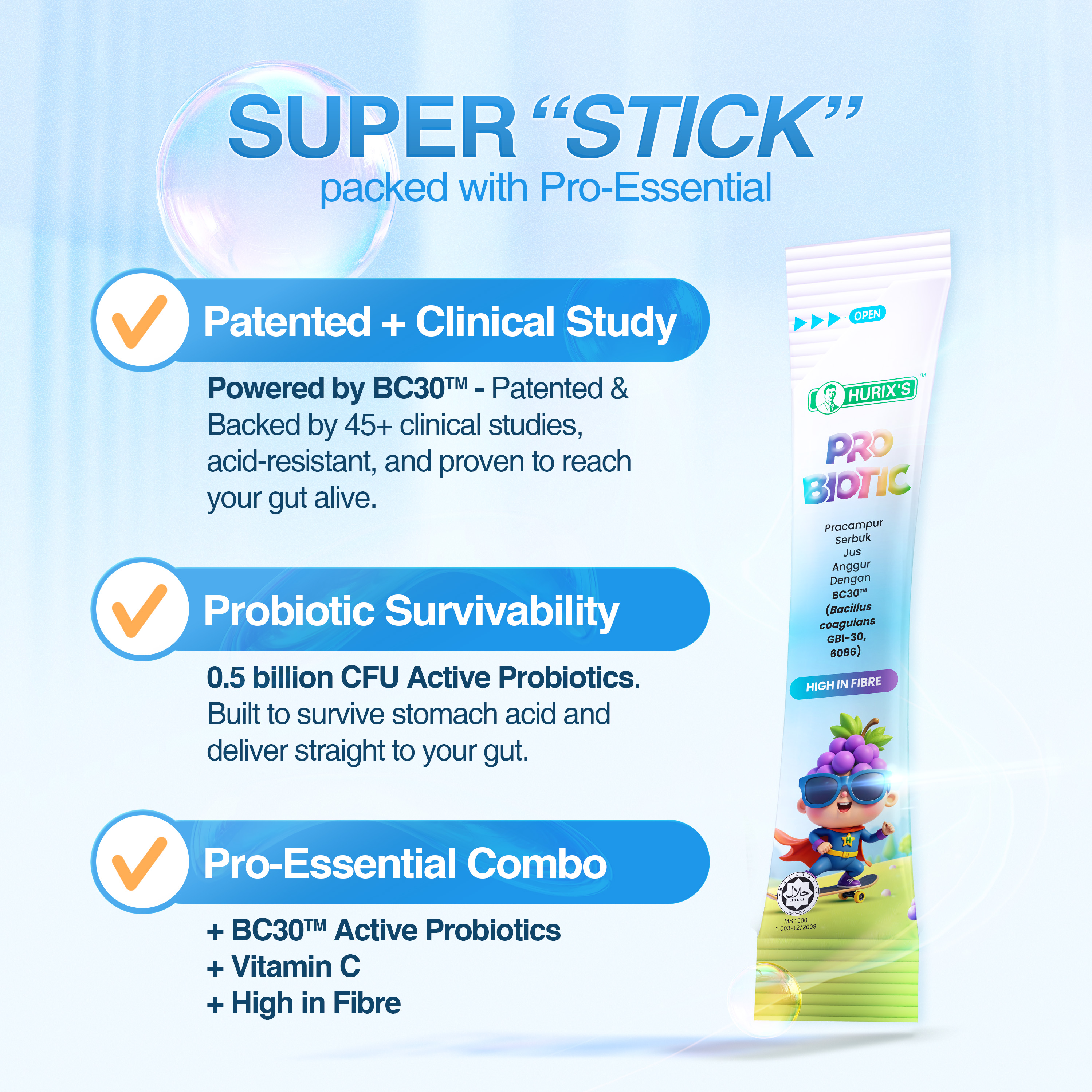 HURIX'S Probiotic (BC30) - Probiotik - Vitamin C - Serat Tinggi - High ...