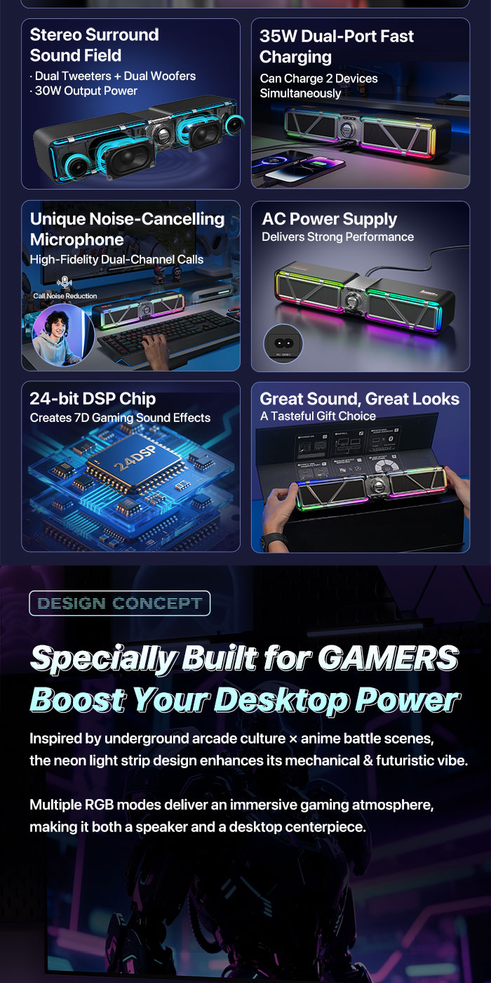 Divoom D-Base High-Fidelity Gaming Soundbar Bluetooth Desktop Speaker ...