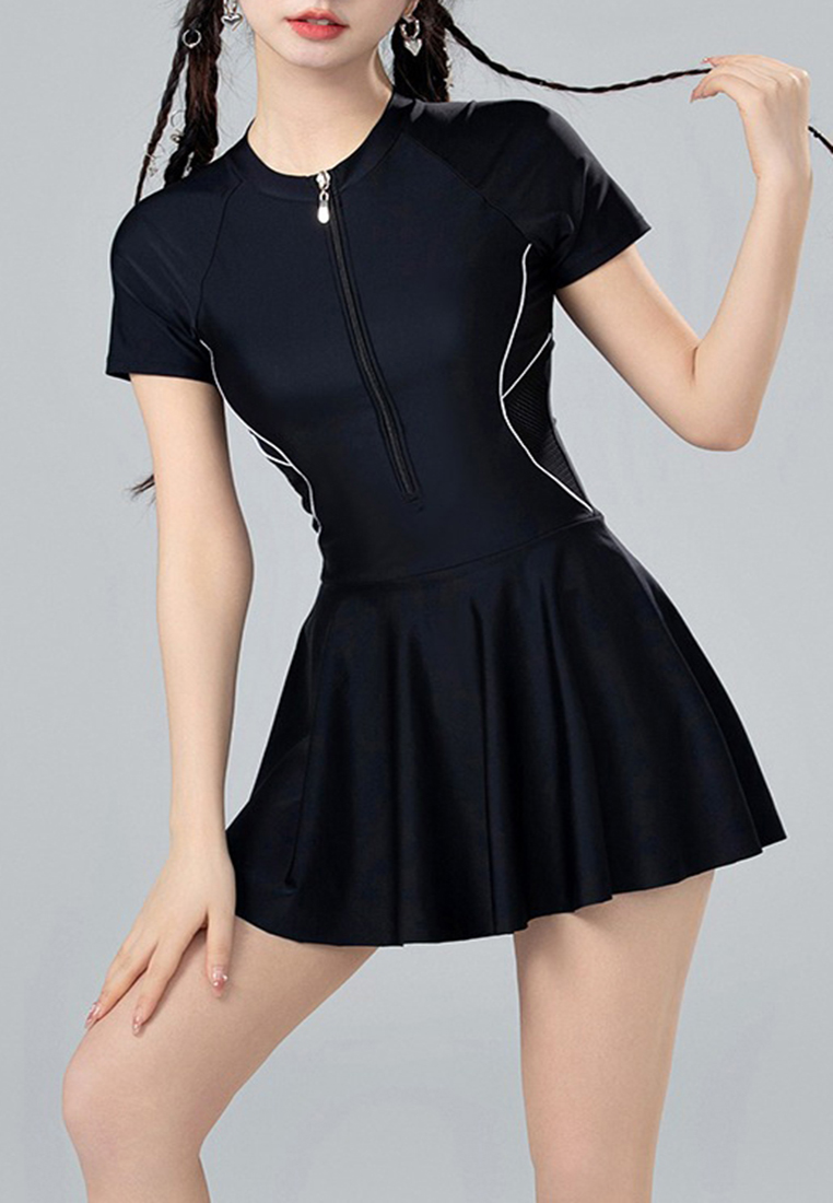 Short Sleeve Zip-front Swimdress (With Panelling) | Shopee Malaysia