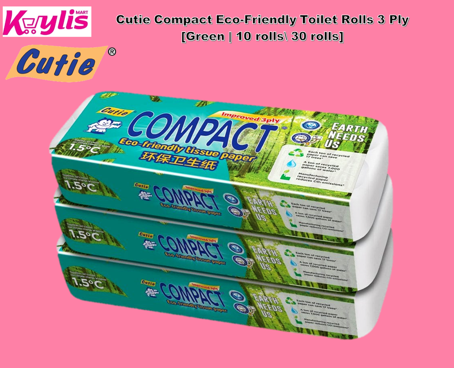 Cutie Compact Eco-Friendly Toilet Rolls 3 Ply [Green | 10 rolls\ 30 rolls] | Shopee Malaysia