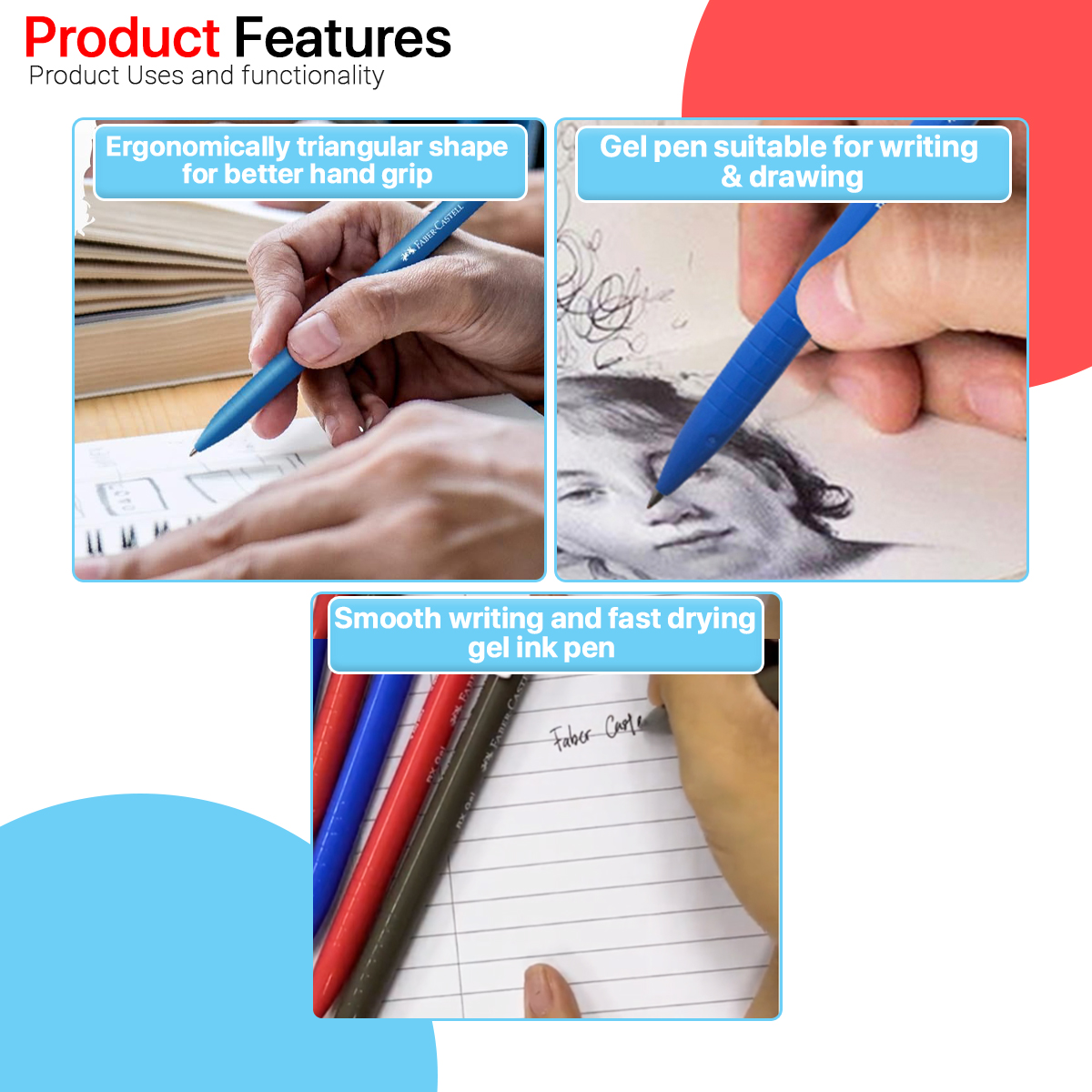 Faber Castell Pen RX Gel Pen 0.5 0.7 Black Blue Red Pen - (10/BX) Pen ...