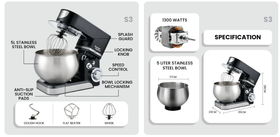 Russell Taylors 6-Speed Stand Mixer 5L 1300W S3 / TRIO 5.0L POWER MIXER ...