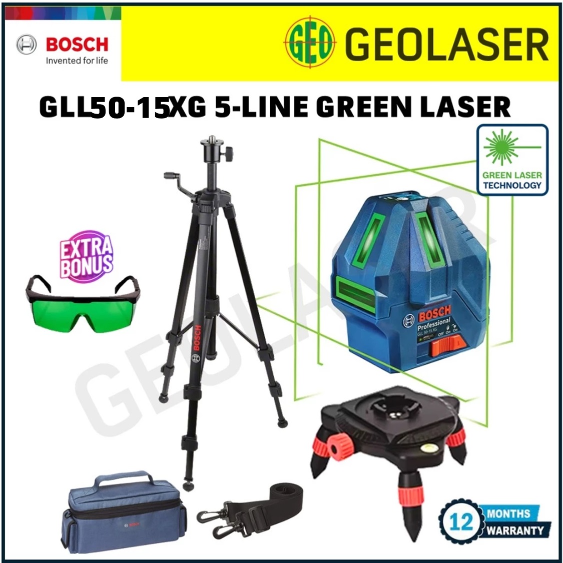 Bosch GLL 50-15 XG 5-line Green Line Laser Level c/w1.5M Elevator ...