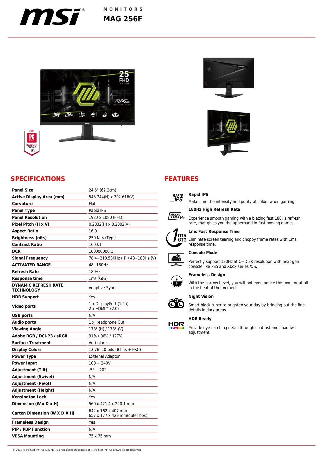 MSI MAG 256F 24.5" GAMING MONITOR ( 24.5" RAPID IPS FHD / 1MS / 180HZ ...