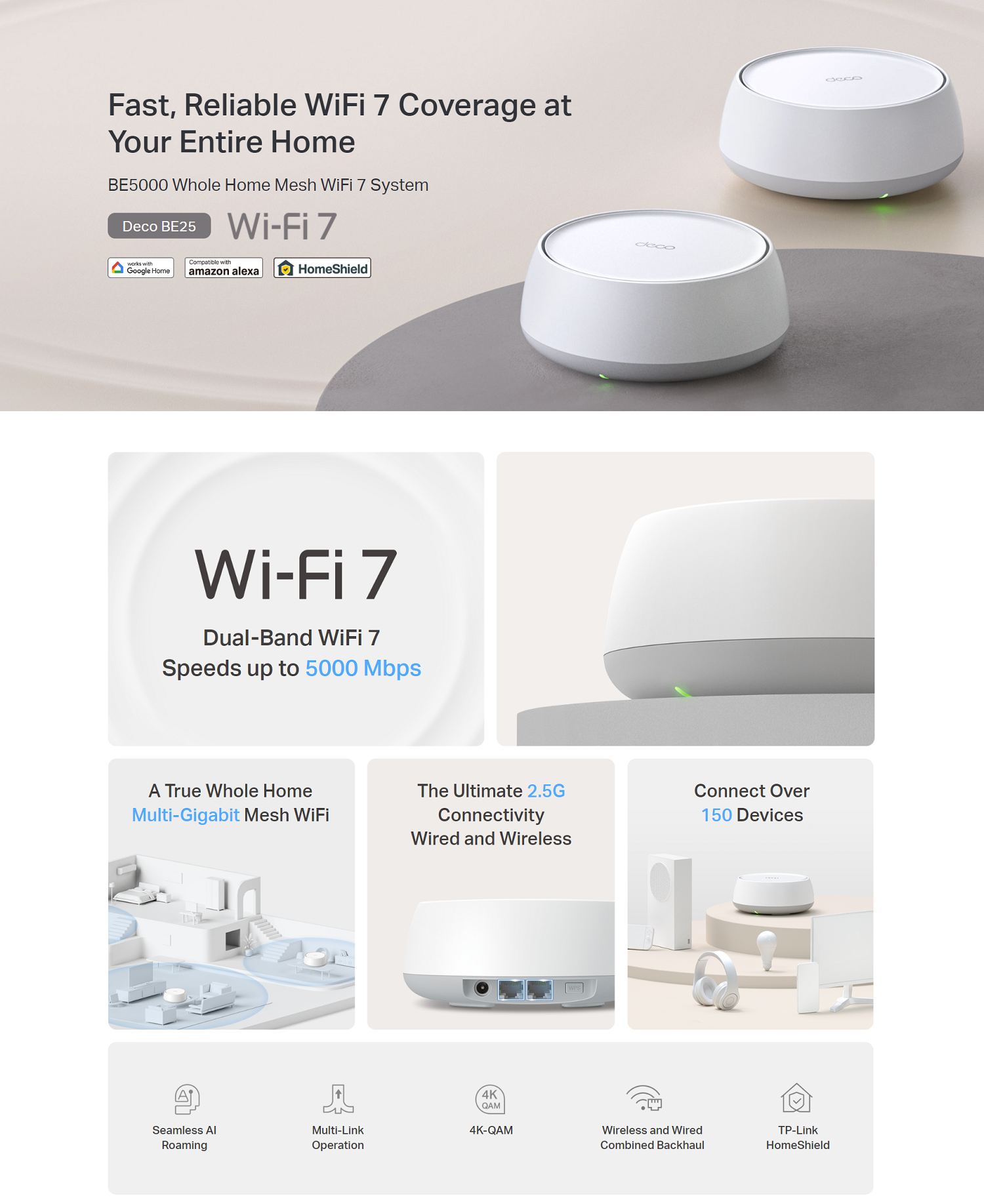 TP-LINK DECO BE25 1 PACK / 2 PACK / 3 PACK BE5000 WHOLE HOME MESH WIFI 7 SYSTEM WITH SEAMLESS AI ...