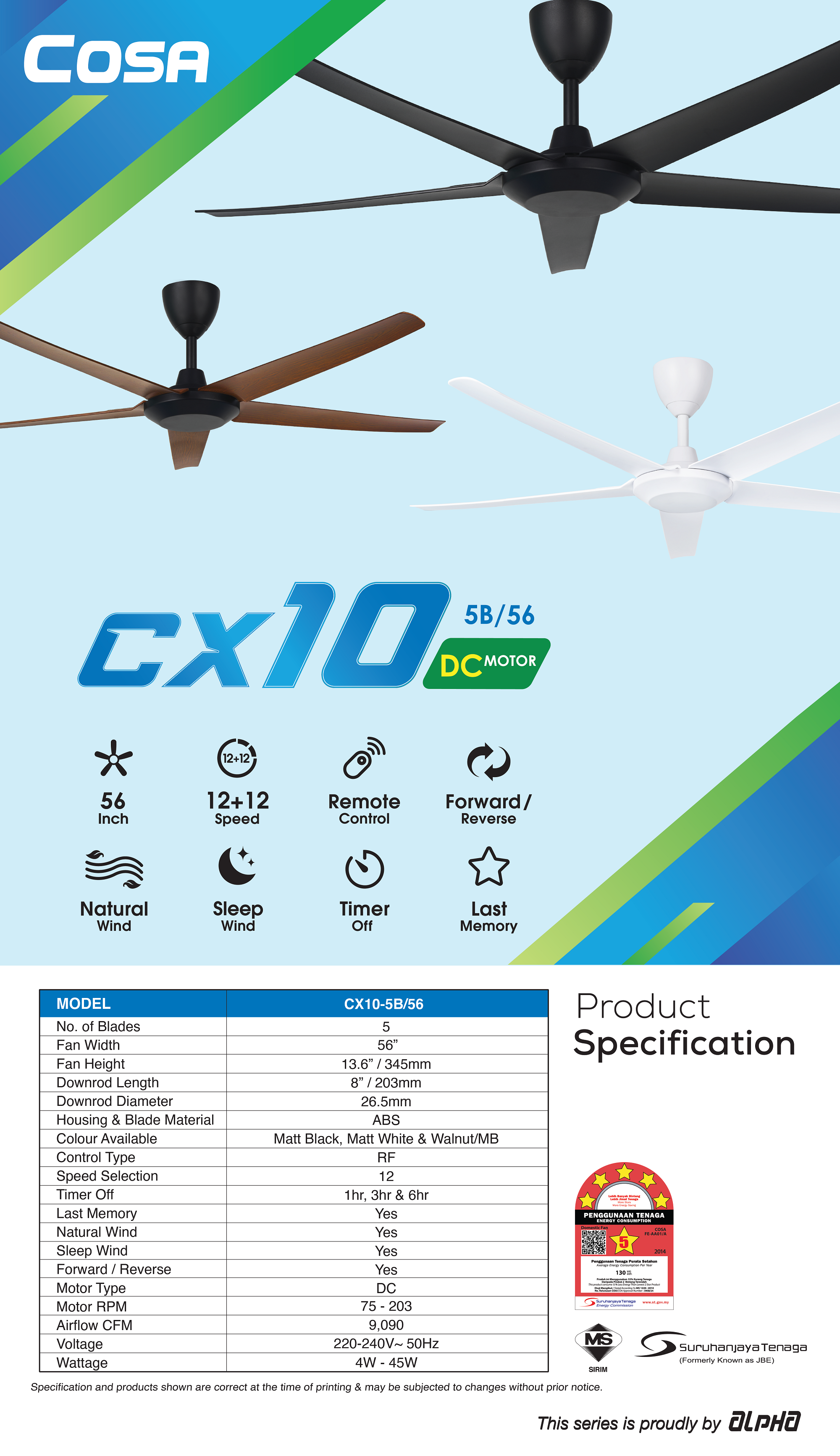 Alpha Cosa CX10 56/46/40 inches Remote Ceiling Fan | 12 Speed | Sleep ...