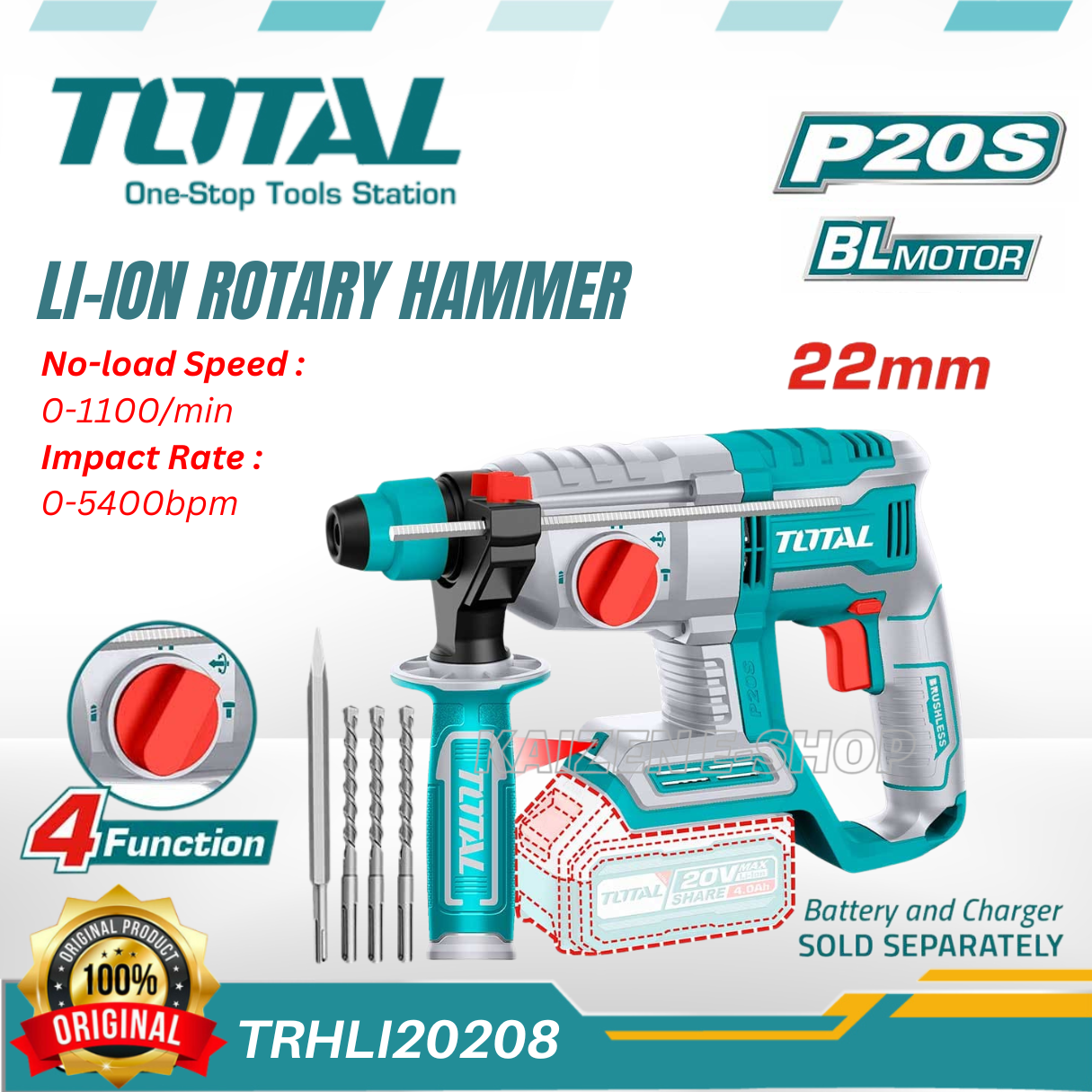 TOTAL TRHLI20208 P20S 20V Li-ion Brushless Rotary Hammer 22mm | Shopee ...
