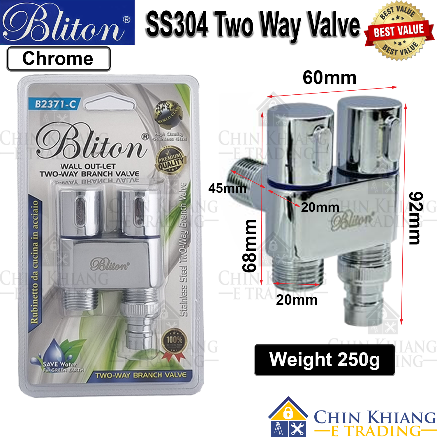 Bliton B2371 Washing Machine Tap Two Water Angle Valve One In Two Out ...