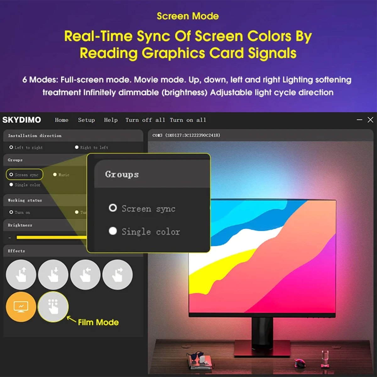 Skydimo H202 24"-34" RGB LED Backlight Sync with Computer Monitor Music Rhythm Light Strip for ...