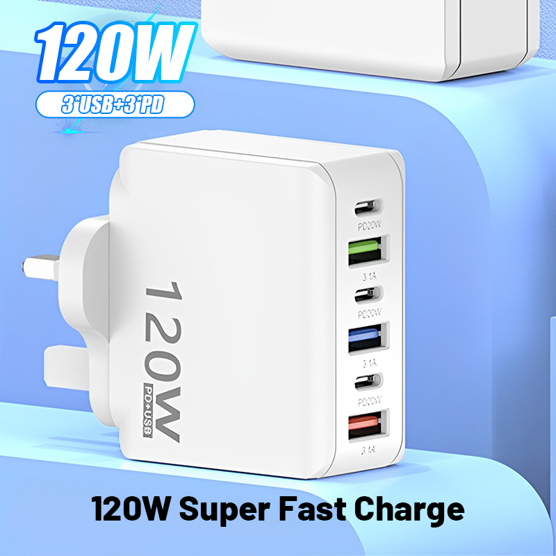 🔥6Ports 120W Fast Charger Super Fast Charger Type C Quick Charge 3.0 ...