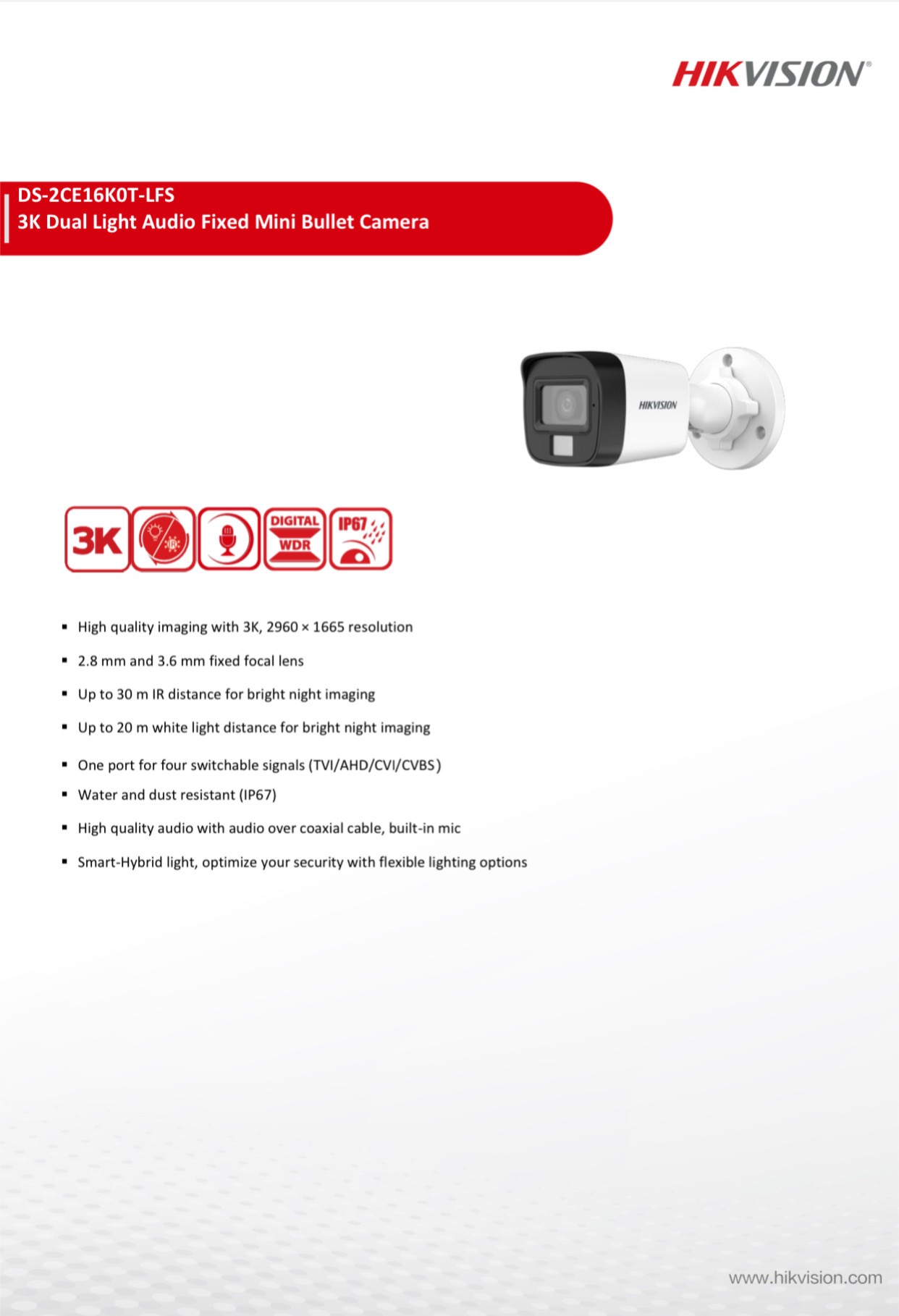 HIK HIKVISION Smart Hybrid Light 3K 5.0MP Bullet Outdoor Camera DS-2CE16K0T-LFS 1620P Mic Audio ...