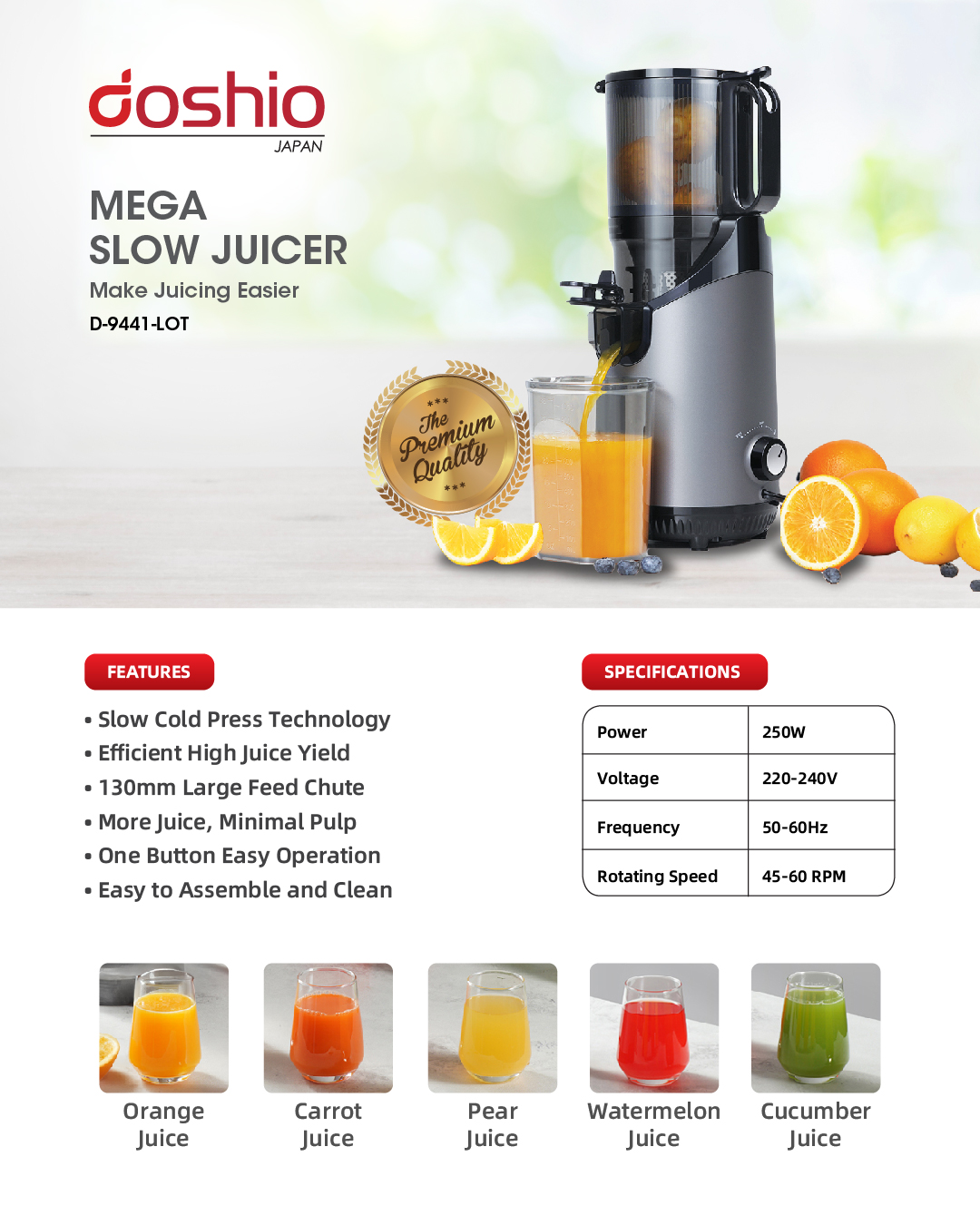 Doshio Slow Juicer Juice & Pulp Separation Large Feed Chute Pengisar ...