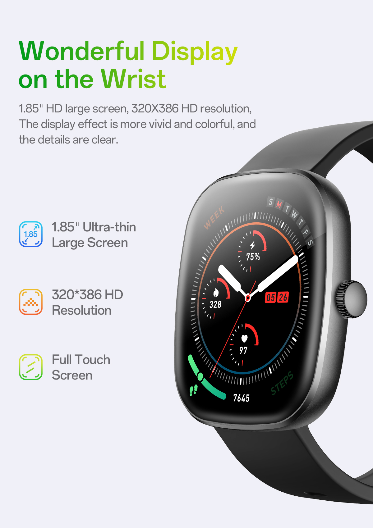 Aolon&Huafit S7 Smart Watch 1.85"HD Full Touch Screen Bluetooth WA Call ...