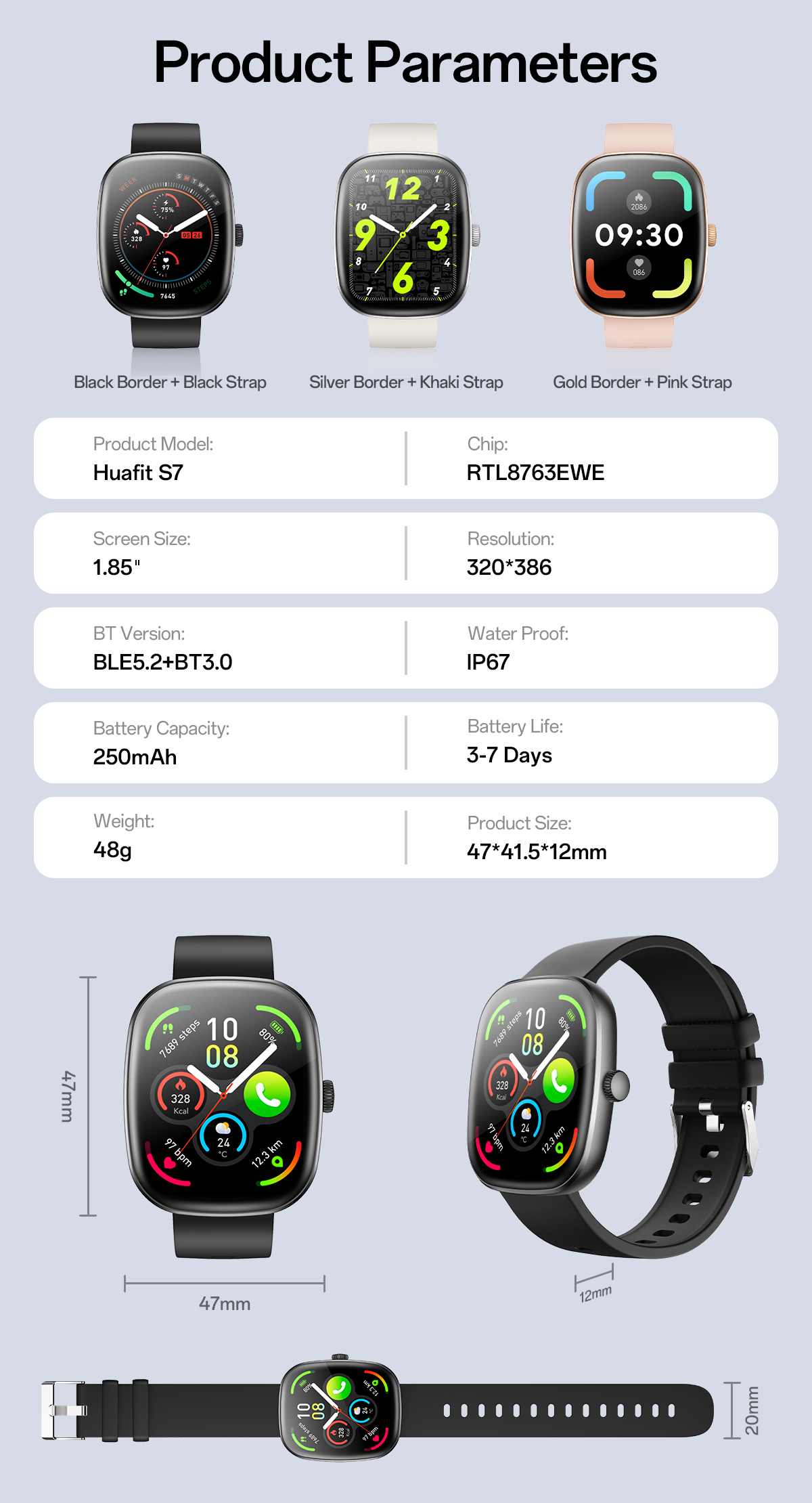 Aolon&Huafit S7 Smart Watch 1.85"HD Full Touch Screen Bluetooth WA Call ...