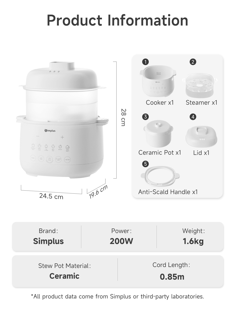 Simplus Electric Slow Cooker丨1L Stew Pot丨Double Boiling丨Smart Preset ...