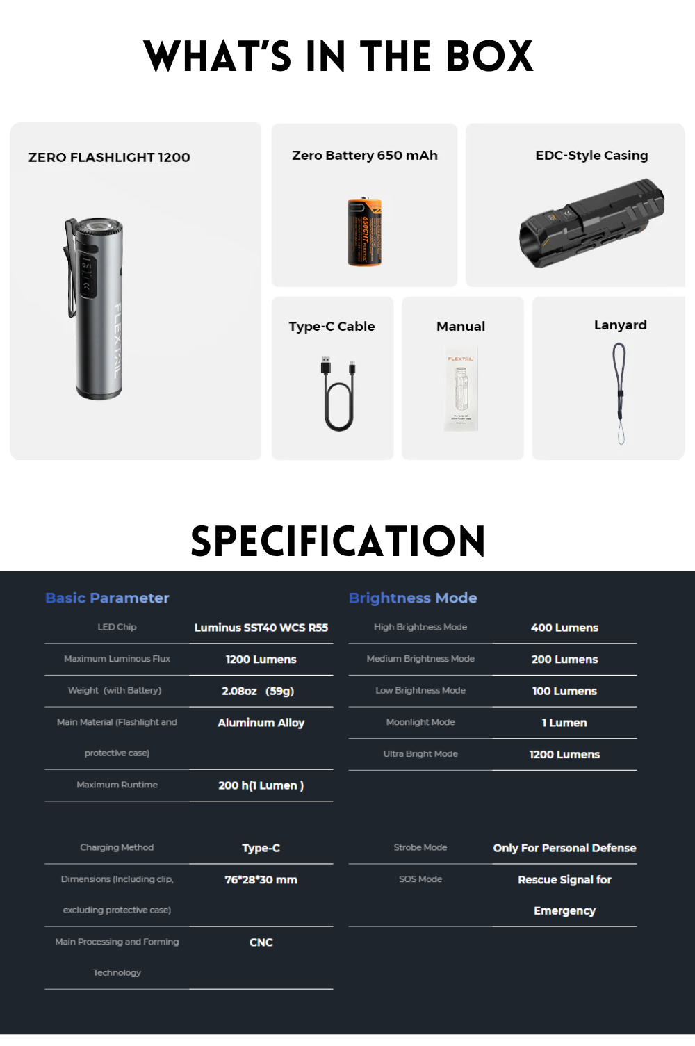 Flextail Zero Flashlight EDC 1200lm Flashlight (with Zero Battery ...