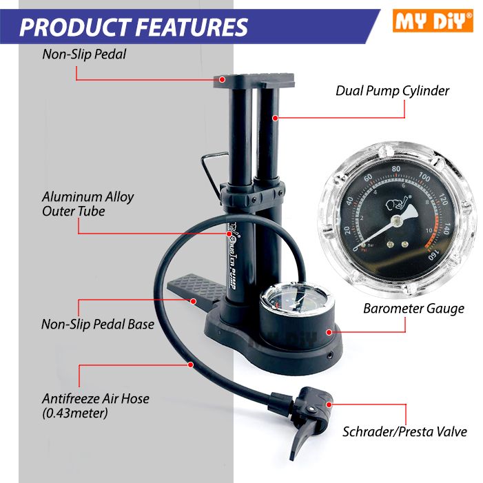 BUSTER HEAVY DUTY BICYCLE PUMP FOOT PUMP DOUBLE CYLINDER METER GAUGE ...