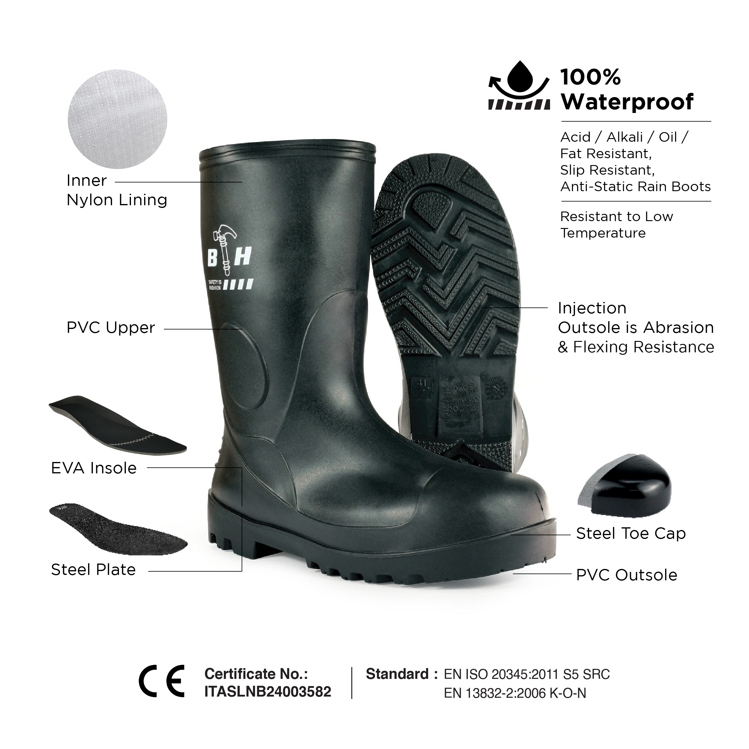 Black Hammer Safety Rain Boots 27cm with Steel Toe Cap and Steel ...