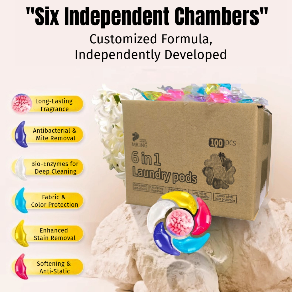 (100pcs) MR.ING 6 in 1 Laundry Pods Fruity Peach Laundry bead Detergent ...