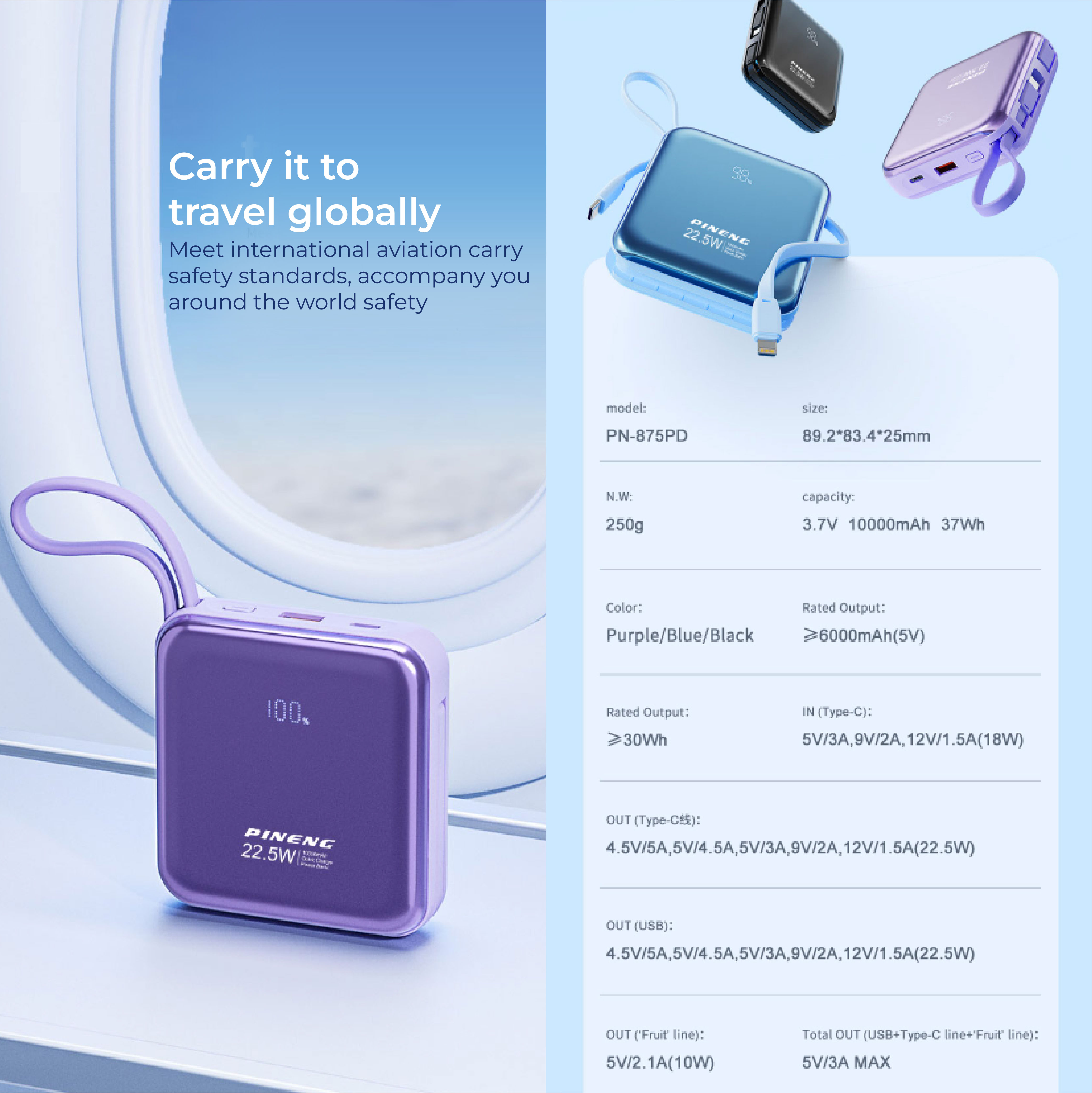 Pineng PN-875PD 10000mAh Portable PowerBank 22.5W Fast Charge Built-In ...