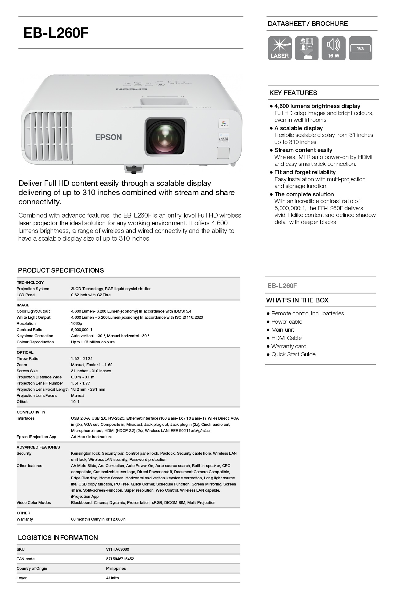EPSON EB-L260F 4,600 LUMENS FULL HD STANDARD-THROW LASER PROJECTOR ...