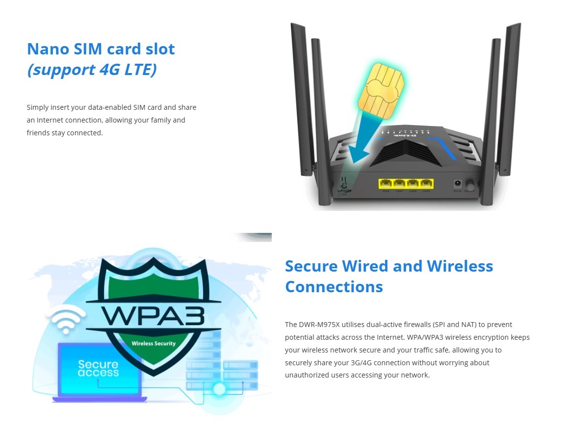 D-Link 4G+ LTE Cat 6 Wi-Fi 6 Gigabit Mobile Router - Nano Sim Slot (DWR ...