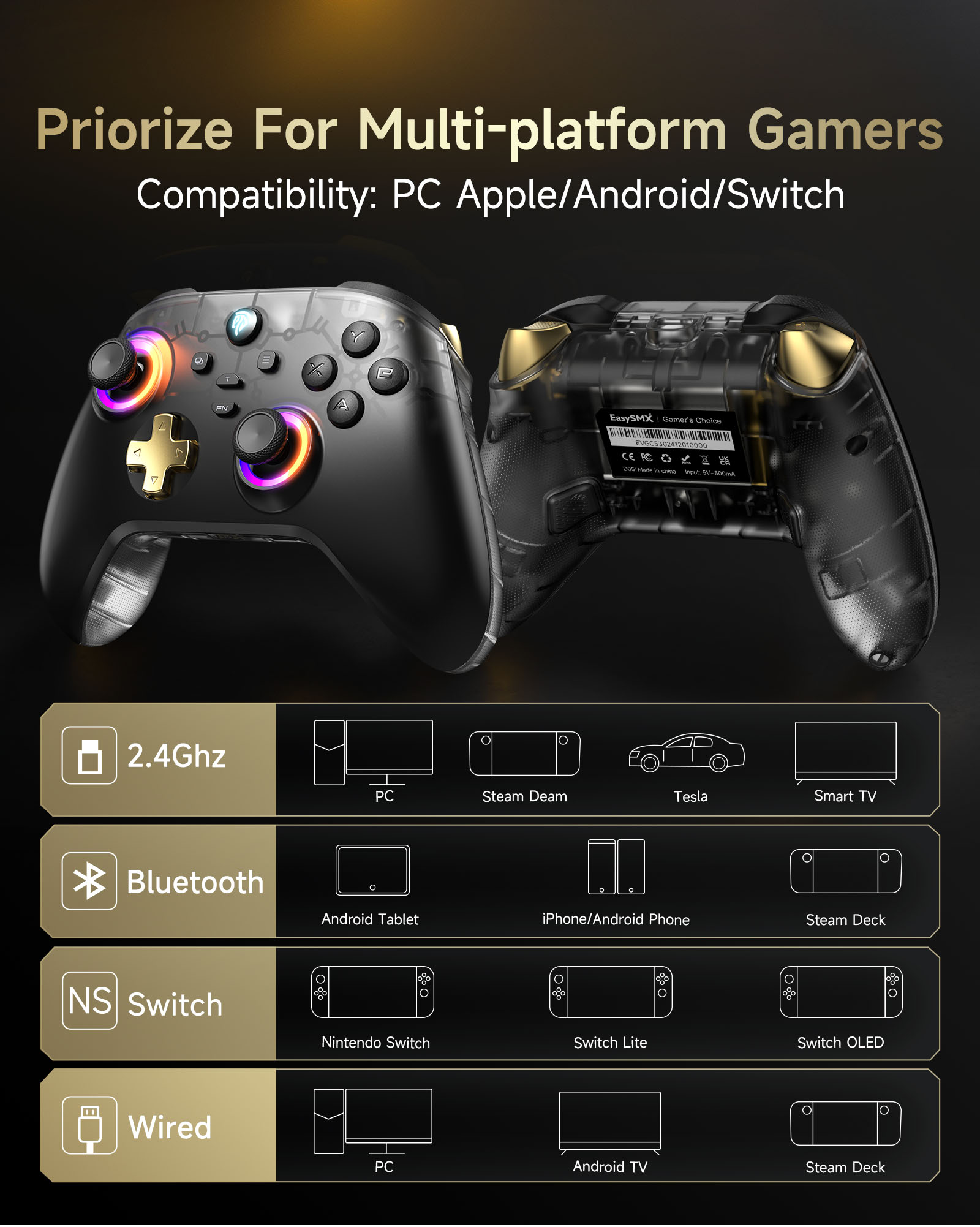 【New】EasySMX D05 Wireless Game Controller Gamepad RGB Hall Effect ...