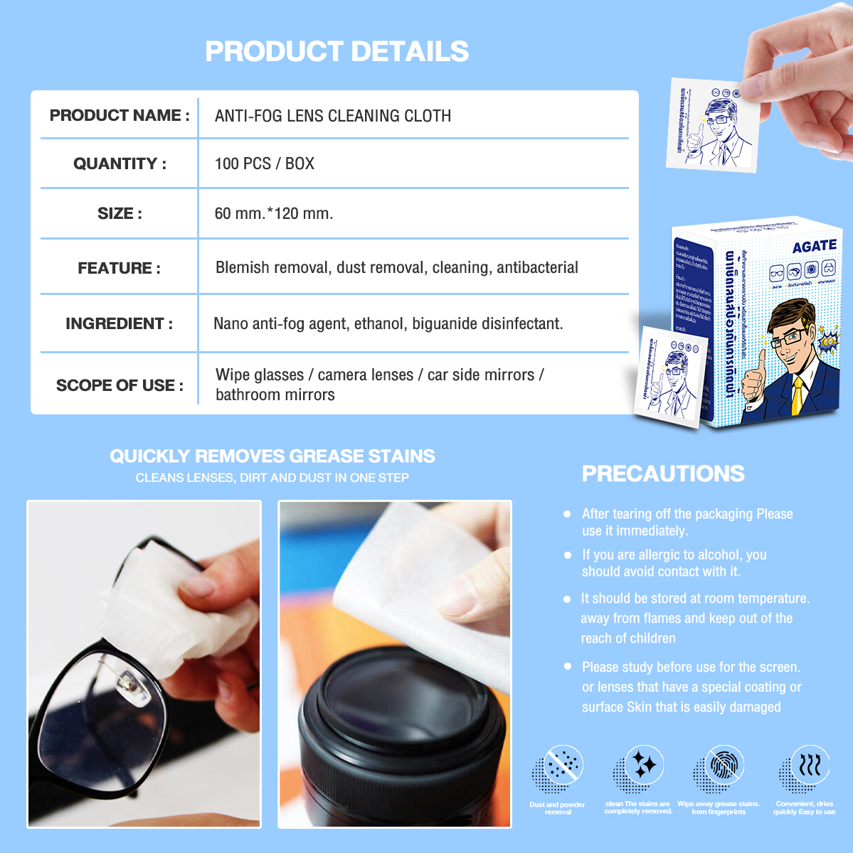【Agate Design】 100PCS Glasses Anti Fog Wipes Anti Fog Wipe Kertas Lensa ...