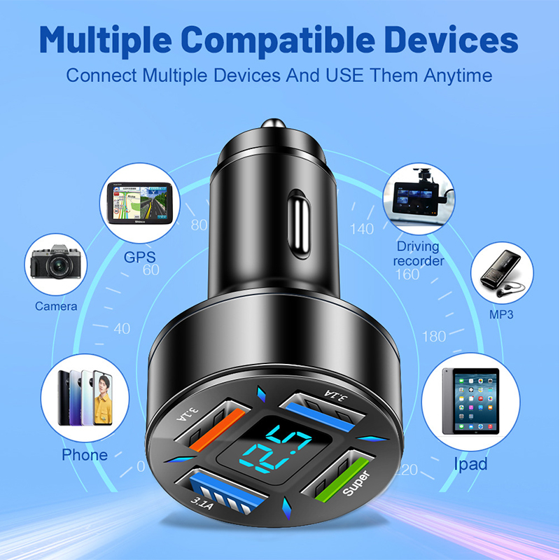 66W 3.1A 4USB Port Car Charger LED Digital Display Fast Charging Car ...
