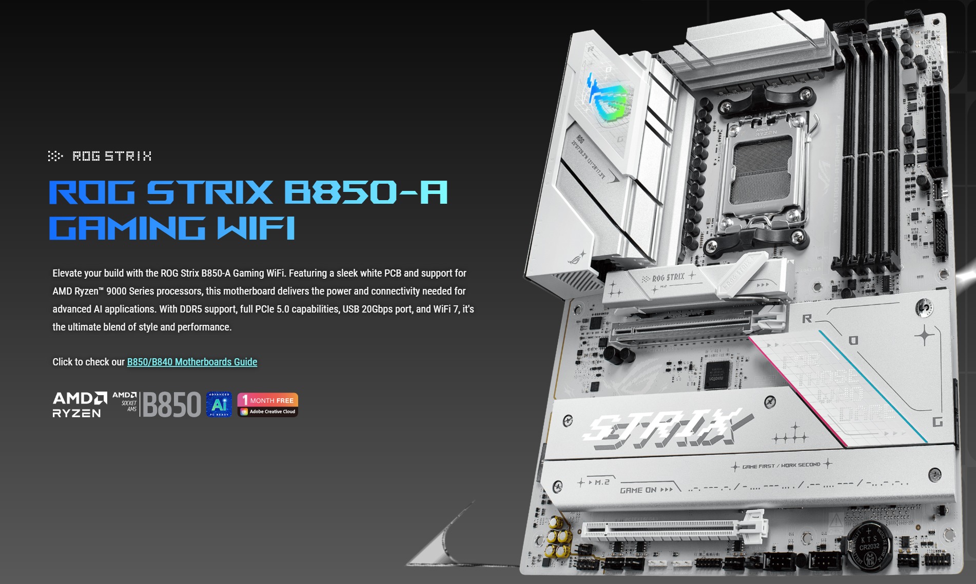 ASUS ROG STRIX B850-A GAMING WIFI AM5 ATX Motherboard (DDR5 / Wi-Fi 6E ...