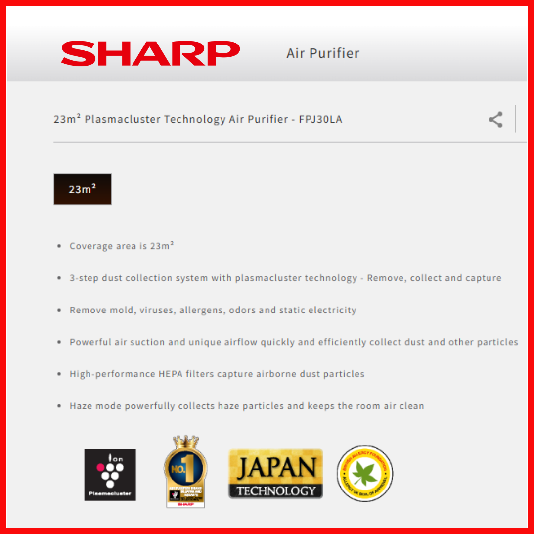 SHARP 30m² Plasmacluster Technology Air Purifier FPJ30LA / FPJ30LB ...
