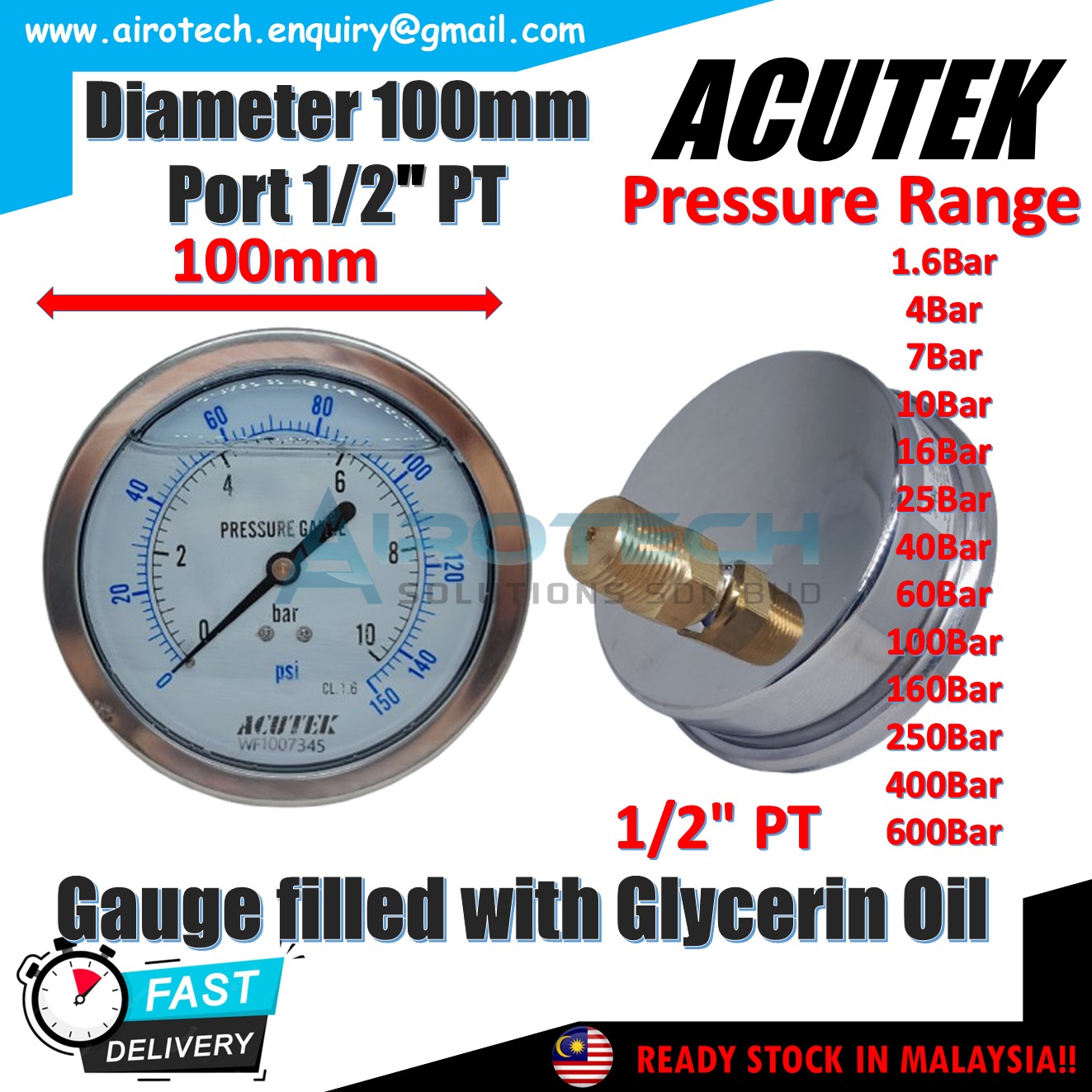 ACUTEK Pressure Gauge 1.6~600Bar Back Connection 1/2" PT , 4" 100mm ...