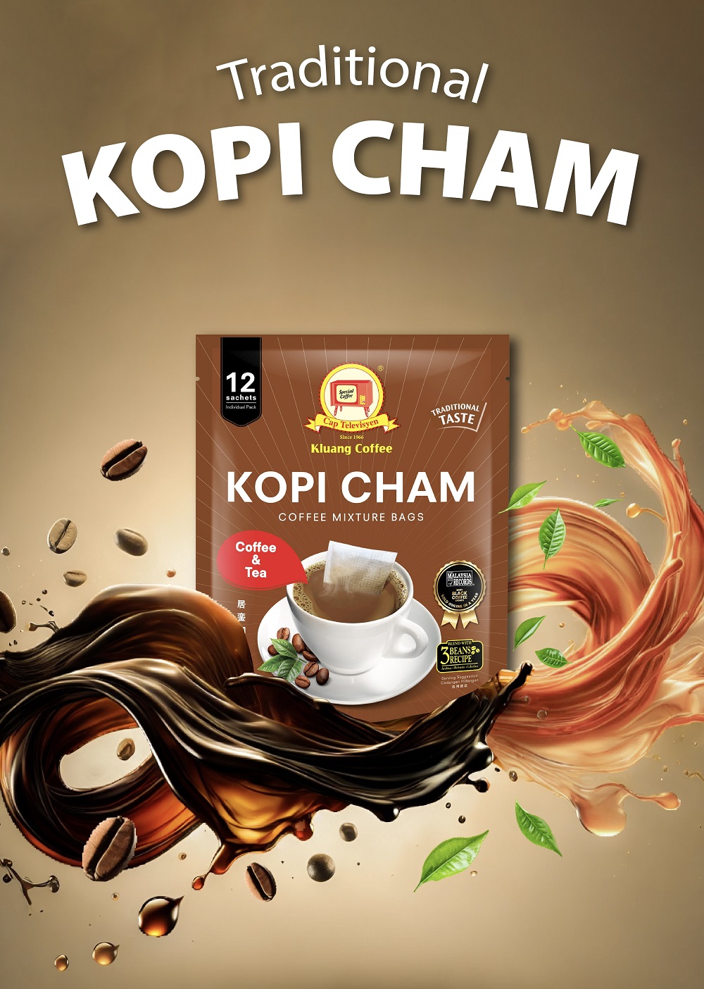 Kluang Coffee Cap Televisyen Kopi Cham Teh (12 individual sachets x 1 ...