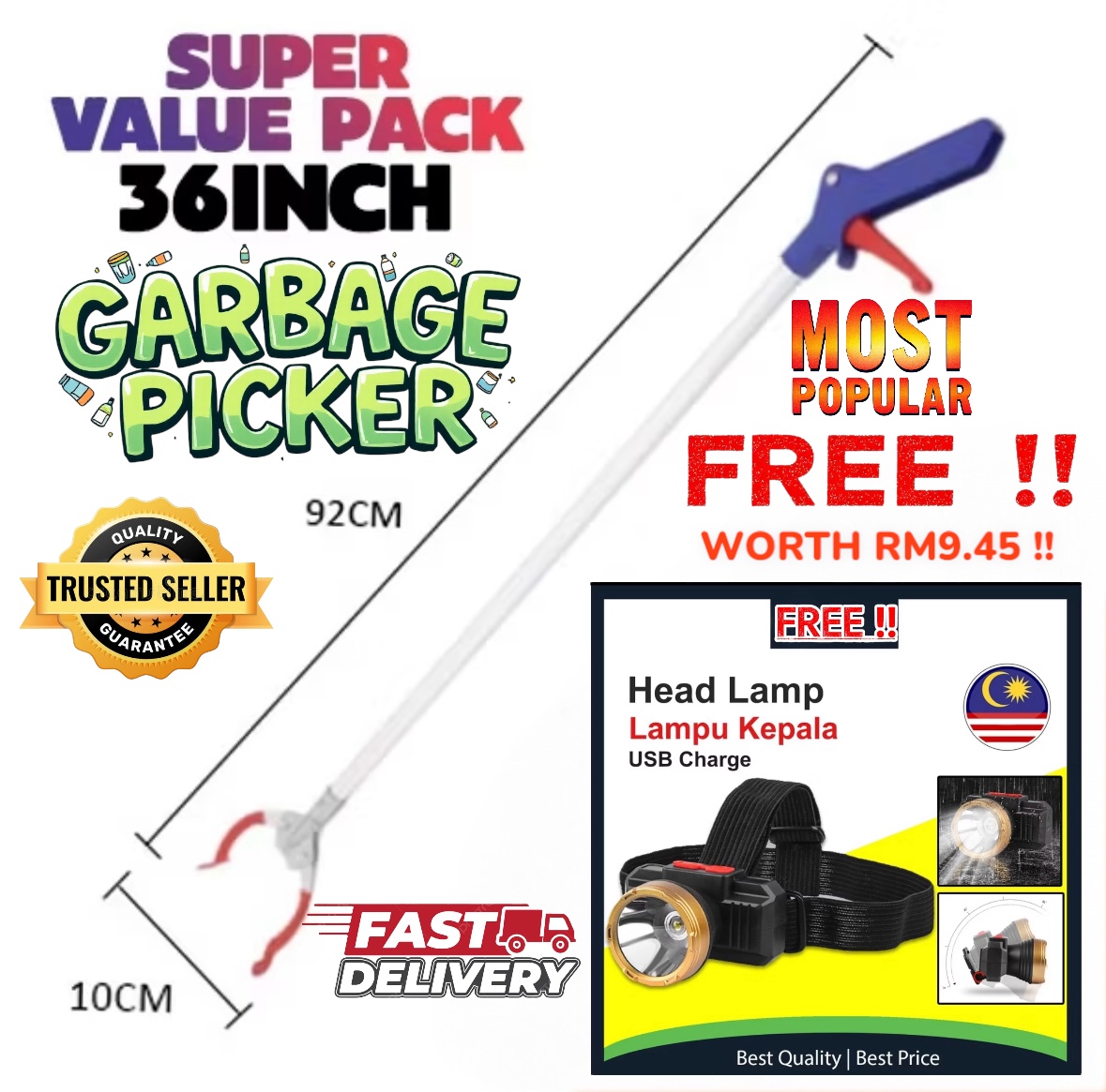 Garbage Picker Heavy Duty 36 INCH Rubbish Reacher Grabber Picker Pick ...