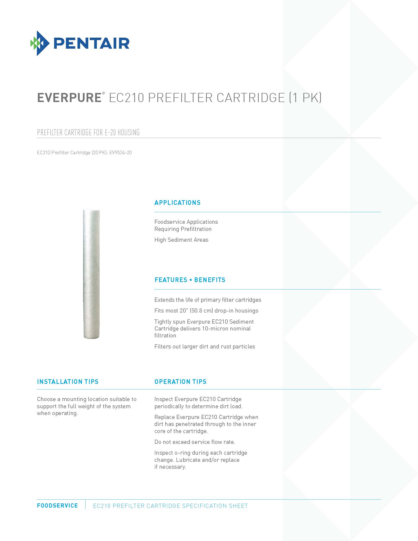 PENTAIR EVERPURE EV953426 EC210 20inch Prefilter Replacement Cartridge ...