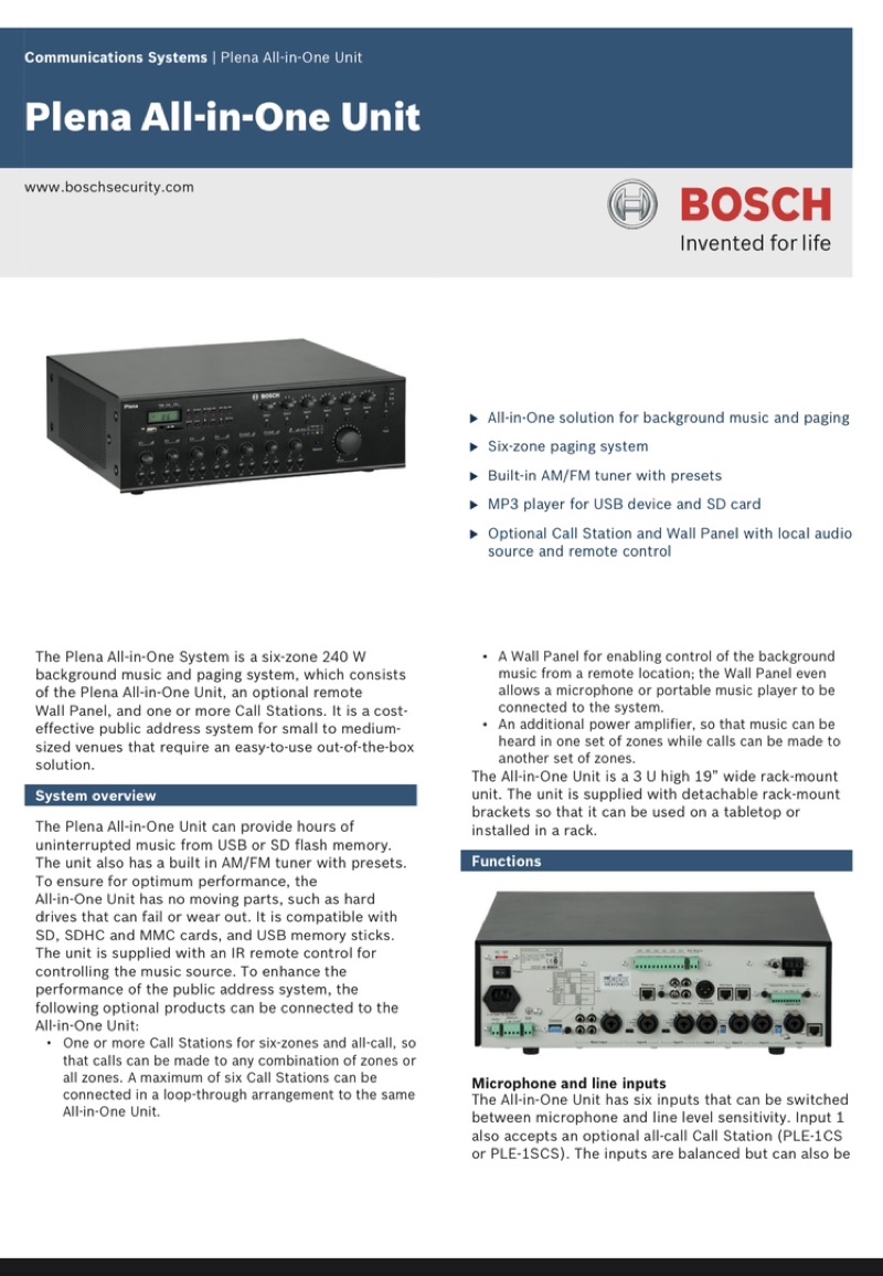 BOSCH PLN-6AIO240 all in one background music and paging system ...