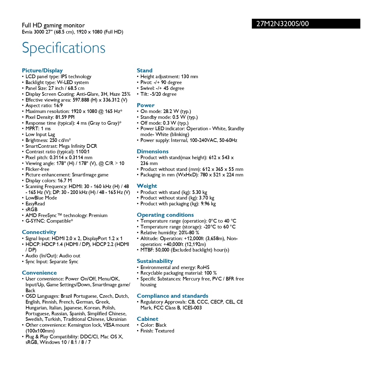 PHILIPS 27" 27M2N3200S 180HZ / 27M2N3200FQ 200HZ FAST IPS LCD FULL HD ...