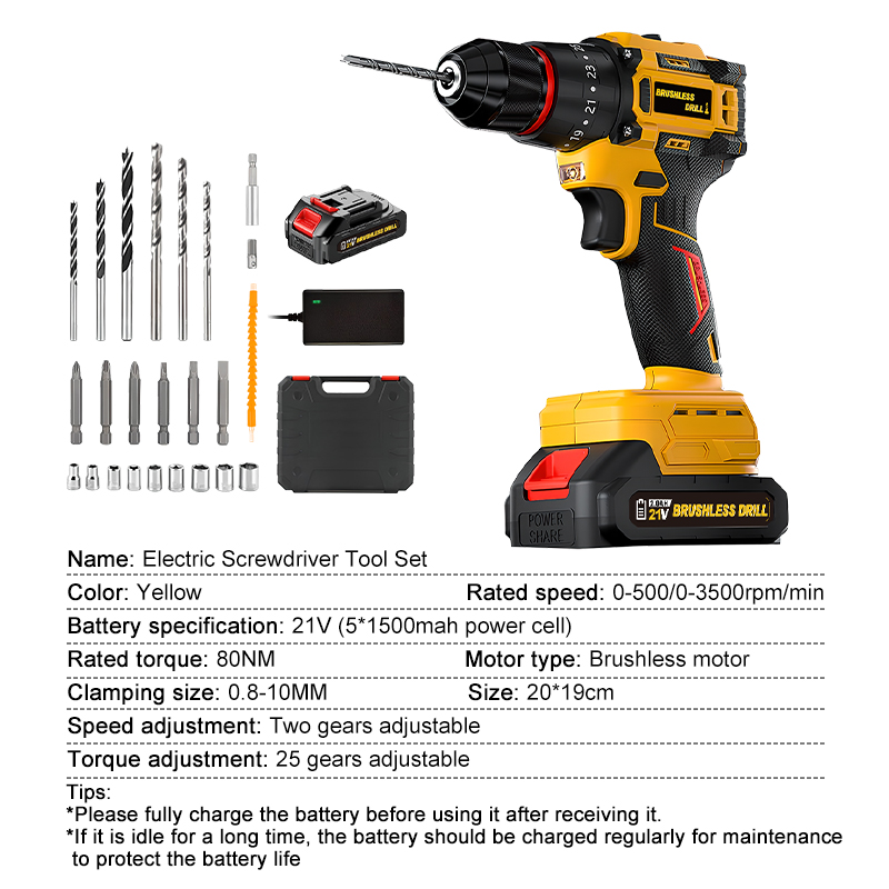 21V Set Cordless Drill Driver Kit Hand Drill Speed Screwdriver Power ...
