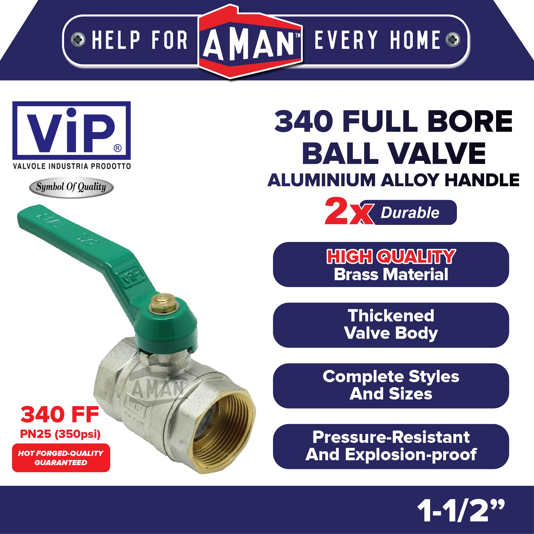 ViP PN25 Full Bore Ball Valve FF Brass Body Water Pipe Fitting Water ...