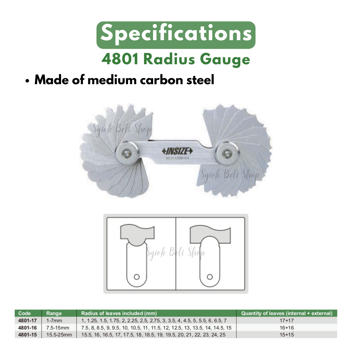 INSIZE Radius Gauge / Radius Gage Metric Engine Cylinder Range 25-40mm ...