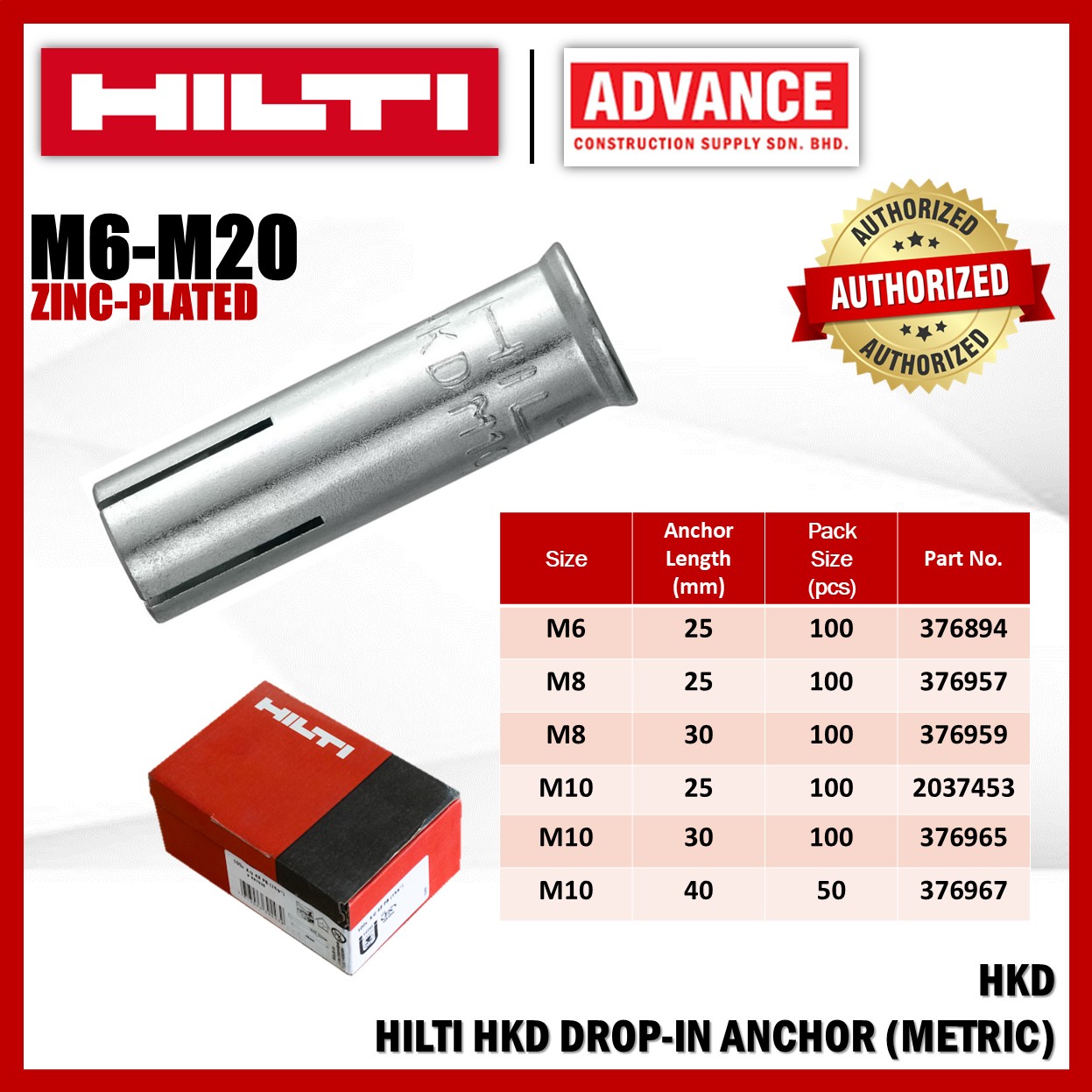 HILTI HKD Drop-In Anchor / Flush Anchor ( M6 - M20 X 25 - 80MM ...