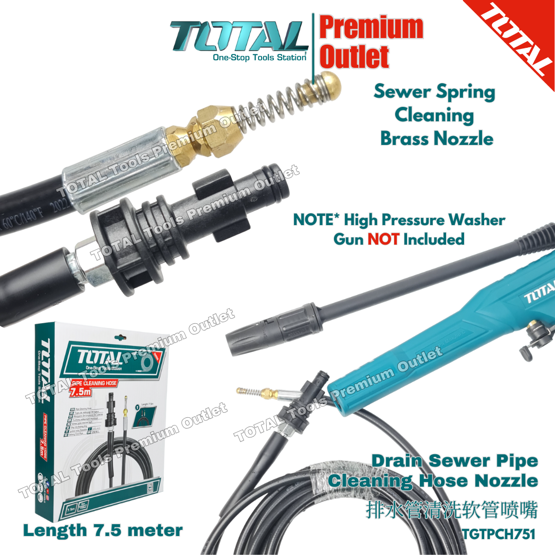 TOTAL Tools 7.5M Drain Sewer Pipe Cleaning Hose Nozzle for TOTAL Tools ...