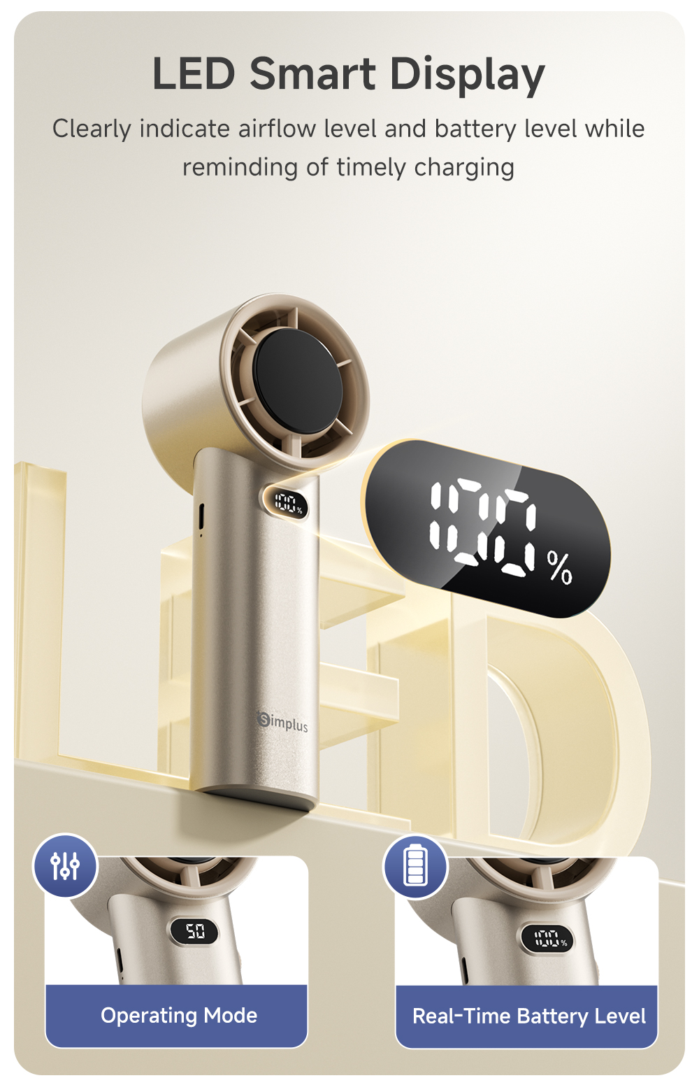 Simplus Handheld Mini Fan 10m/s High Speed 5000mAh 15H Battery Life Type-C Charging 100 Stepless ...