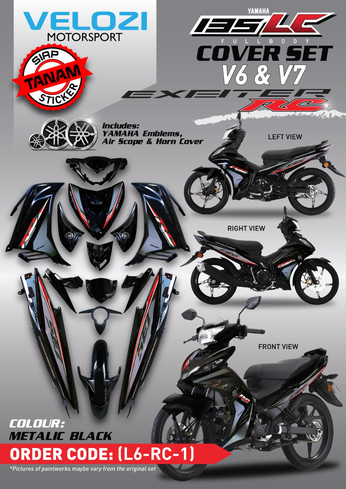 YAMAHA LC LC135 V6 V7 MATELIC BLACK RC HITAM MERAH - COVERSET BODYSET ...